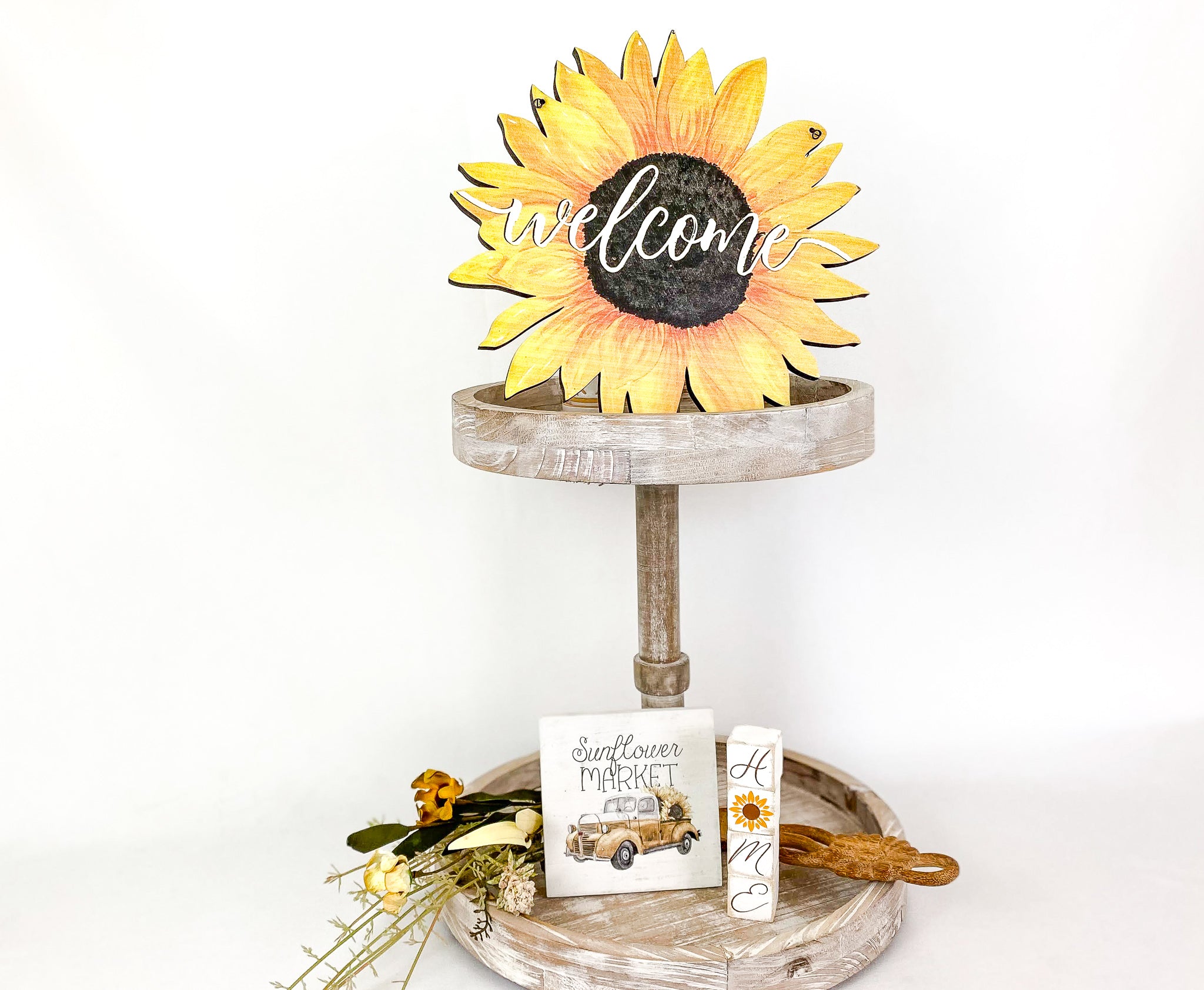 "Welcome" Sunflower Sign – Tiered Tray Decor Box
